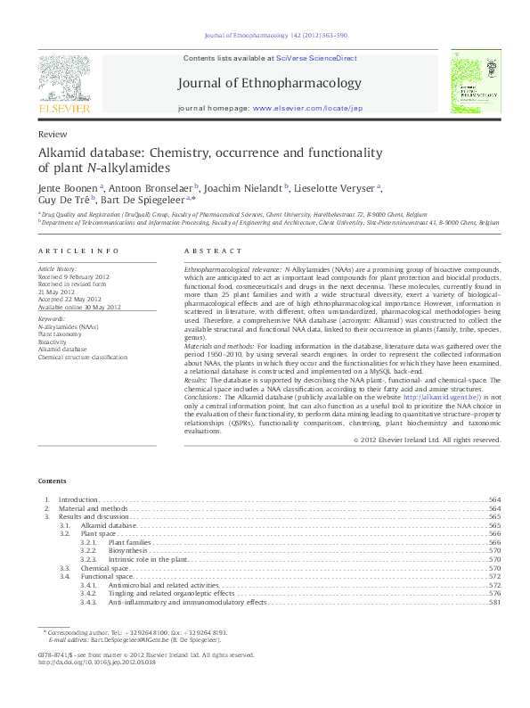 (PDF) Alkamid database: Chemistry, occurrence and functionality of ...