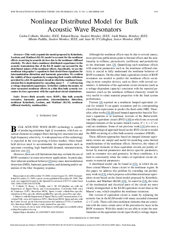 (PDF) Nonlinear Distributed Model for Bulk Acoustic Wave Resonators
