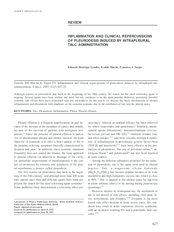 (PDF) Inflammation and clinical repercussions of pleurodesis induced by ...