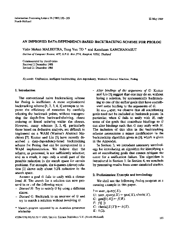 (PDF) An improved data-dependency-based backtracking scheme for prolog | Vishv Malhotra and ...