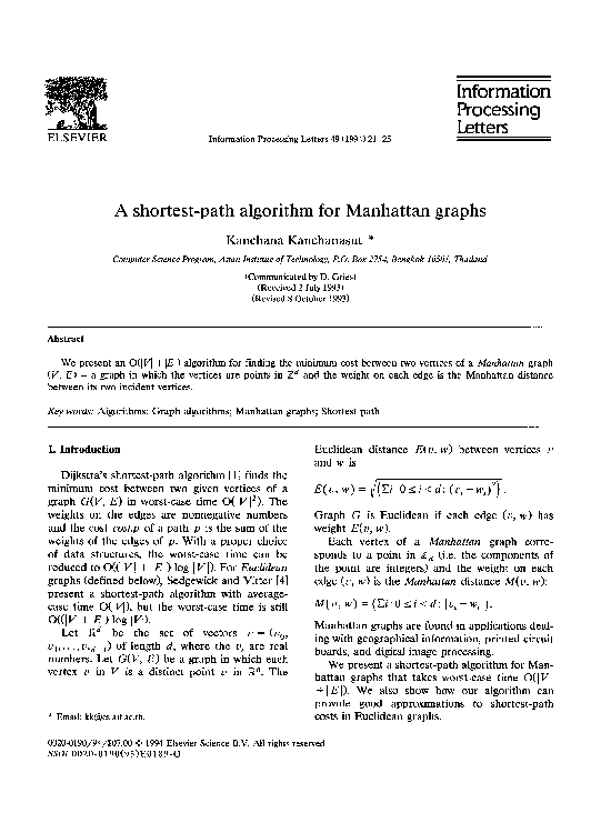 Pdf A Shortest Path Algorithm For Manhattan Graphs