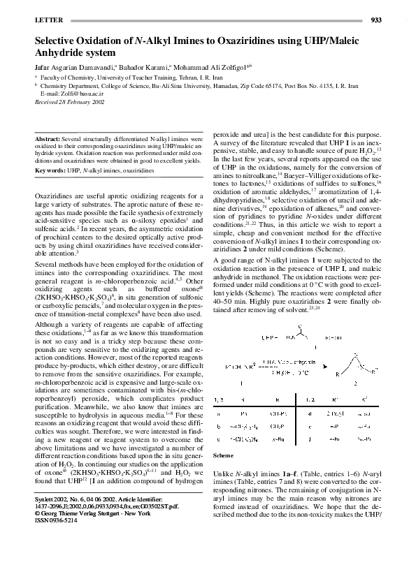 (PDF) Selective Oxidation of N-Alkyl Imines to Oxaziridines using UHP ...