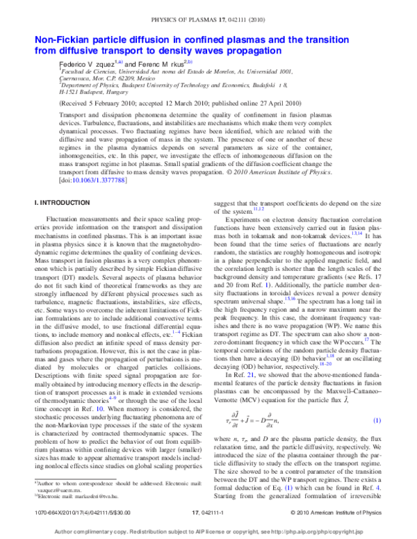 (PDF) Non-Fickian particle diffusion in confined plasmas and the transition from diffusive ...