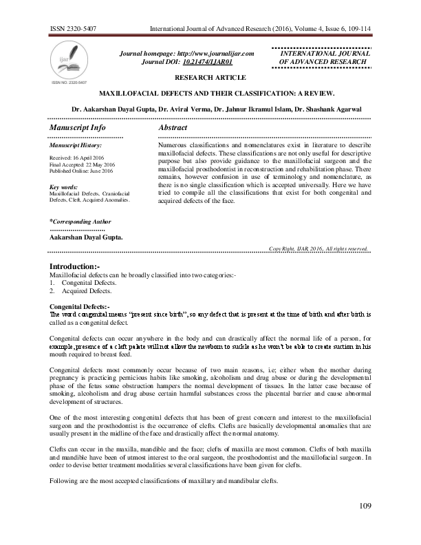 (PDF) MAXILLOFACIAL DEFECTS AND THEIR CLASSIFICATION: A REVIEW.