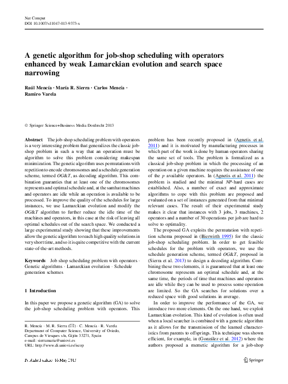 (PDF) Genetic algorithm for job shop scheduling with earliness and ...