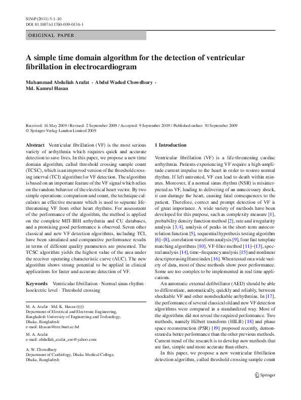 Pdf A Simple Time Domain Algorithm For The Detection Of Ventricular Fibrillation In