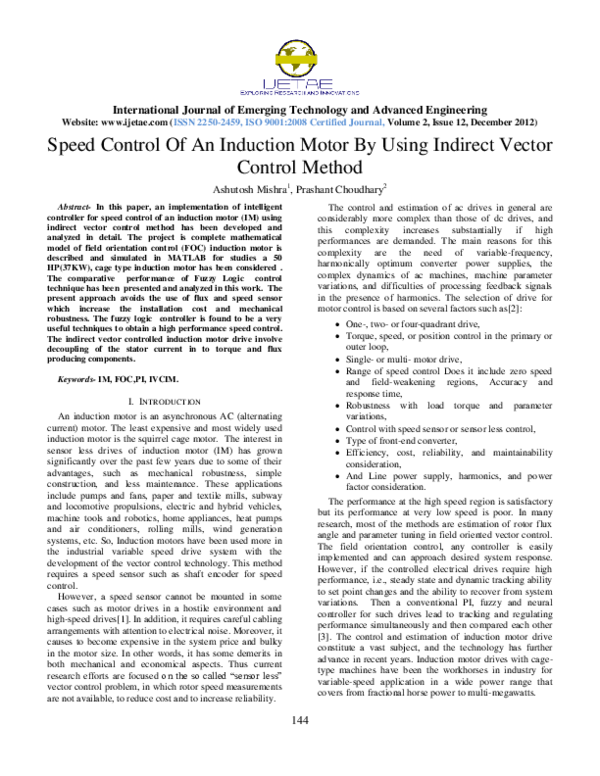 (PDF) Speed Control Of An Induction Motor By Using Indirect Vector Control Method