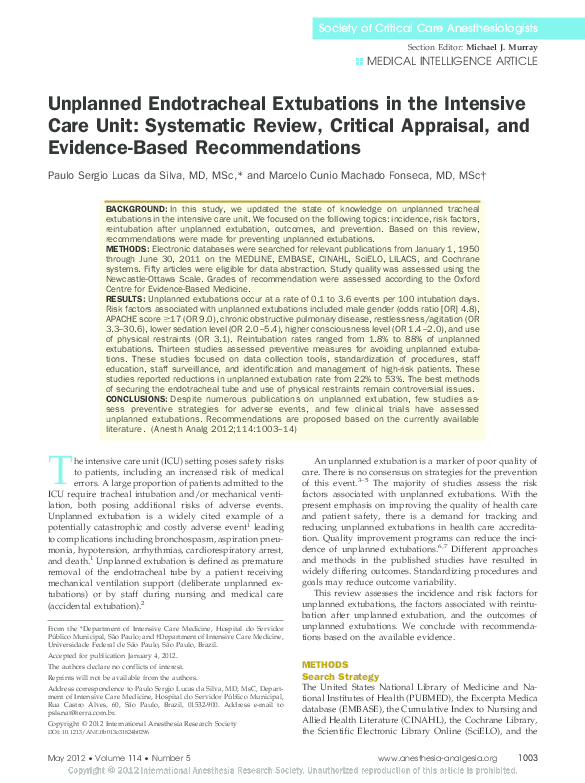 (PDF) Unplanned Endotracheal Extubations in the Intensive Care Unit