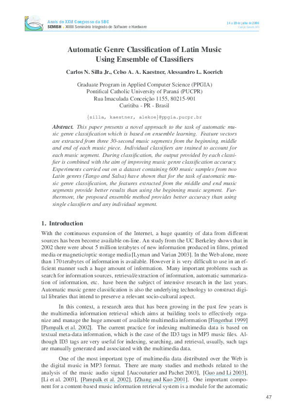 (PDF) Automatic music genre classification using ensemble of classifiers