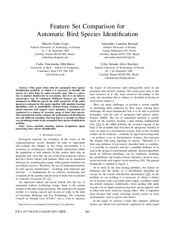 (PDF) Feature set comparison for automatic bird species identification
