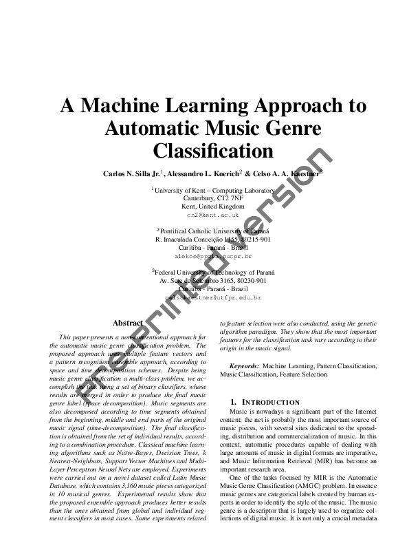 (PDF) A Machine Learning Approach to Automatic Music Genre Classification