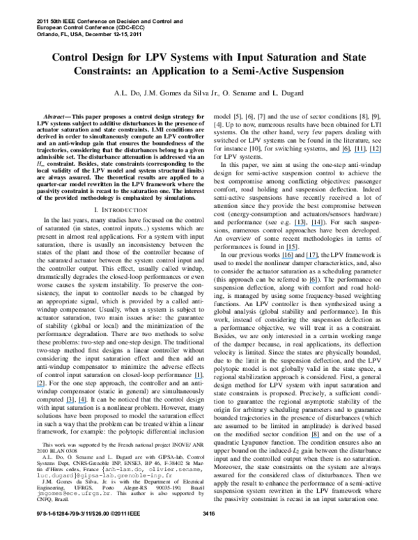 Pdf Control Design For Lpv Systems With Input Saturation And State