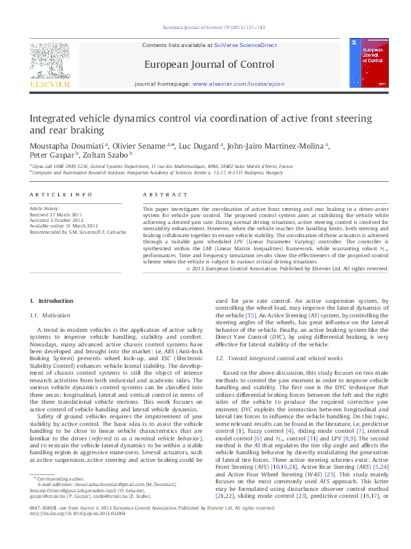 (PDF) Integrated vehicle dynamics control via coordination of active ...