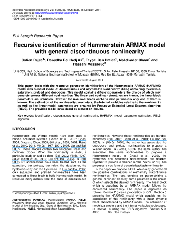 Pdf Recursive Identification Of Hammerstein Armax Model With General Discontinuous Nonlinearity