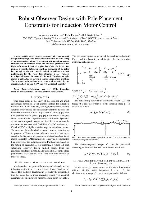 (PDF) Robust Observer Design with Pole Placement Constraints for Induction Motor Control