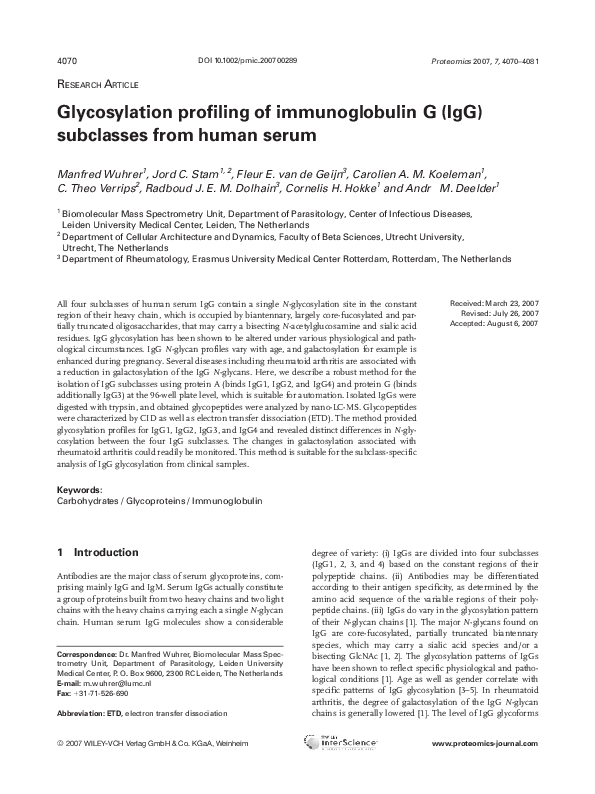 (PDF) Glycosylation profiling of immunoglobulin G (IgG) subclasses from human serum