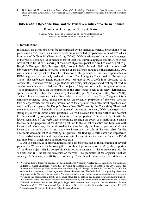 (PDF) Differential object marking and the lexical semantics of verbs in Spanish