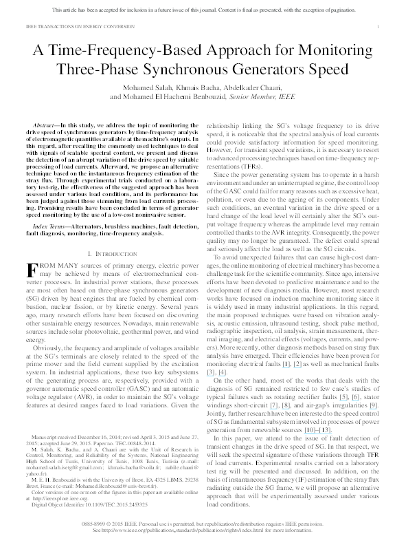 Pdf A Time Frequency Based Approach For Monitoring Three Phase Synchronous Generators Speed