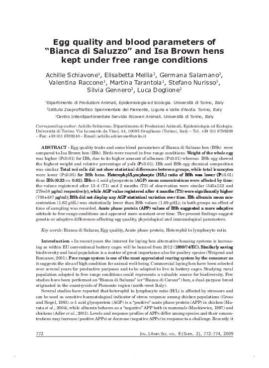 (PDF) Egg quality and blood parameters of “Bianca di Saluzzo” and Isa Brown hens kept under free ...