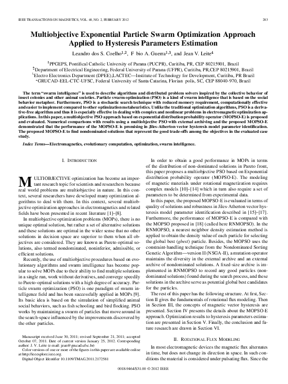 (PDF) Multiobjective Exponential Particle Swarm Optimization Approach Applied to Hysteresis ...