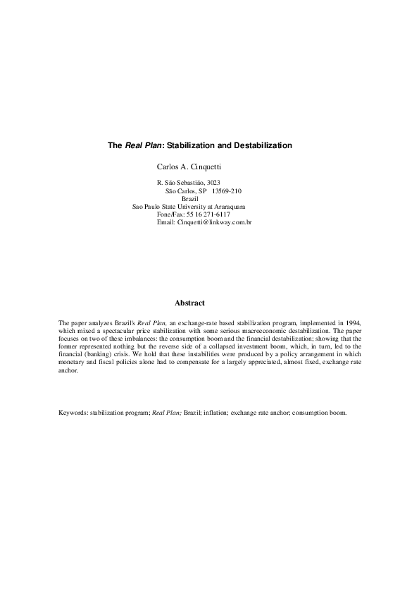 (PDF) The Real Plan: Stabilization and Destabilization