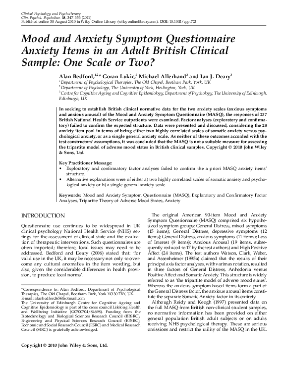 (PDF) Mood and anxiety symptom questionnaire anxiety items in an adult ...