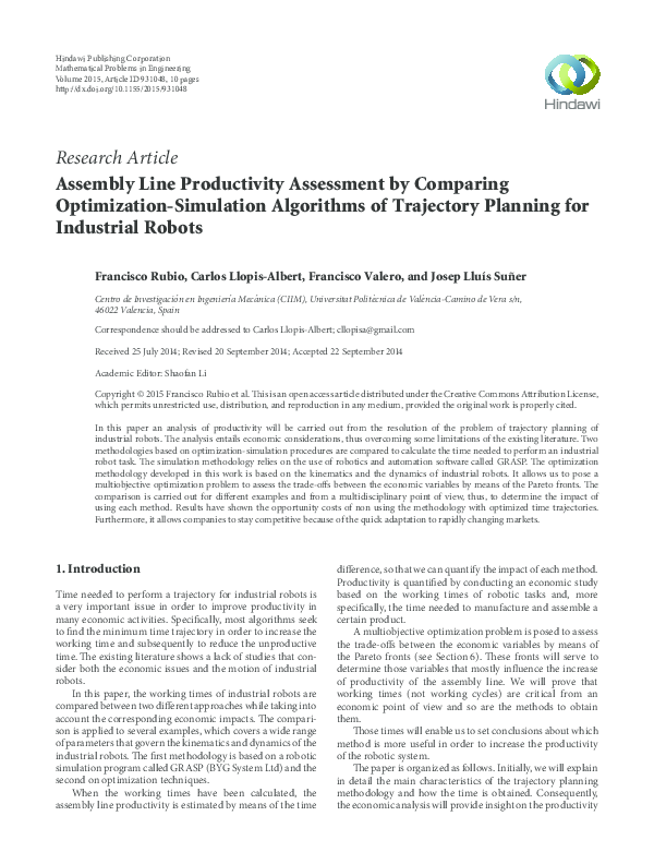 (PDF) Assembly line productivity assessment by comparing optimization-simulation algorithms of ...