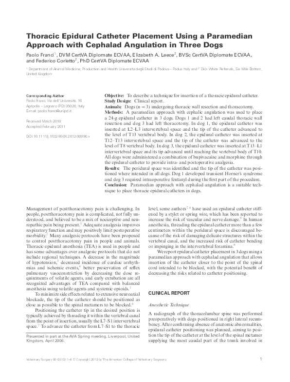 (PDF) Thoracic Epidural Catheter Placement Using a Paramedian Approach ...