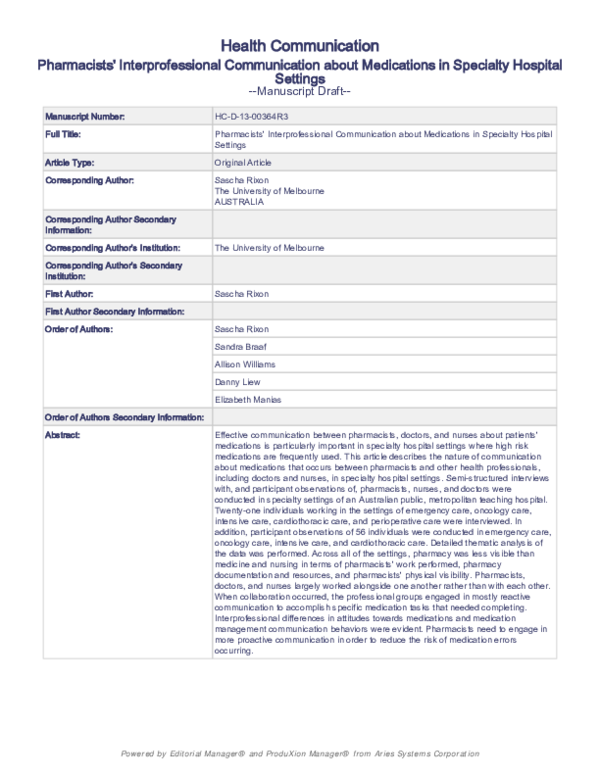 (PDF) Pharmacists’ Interprofessional Communication About Medications in ...