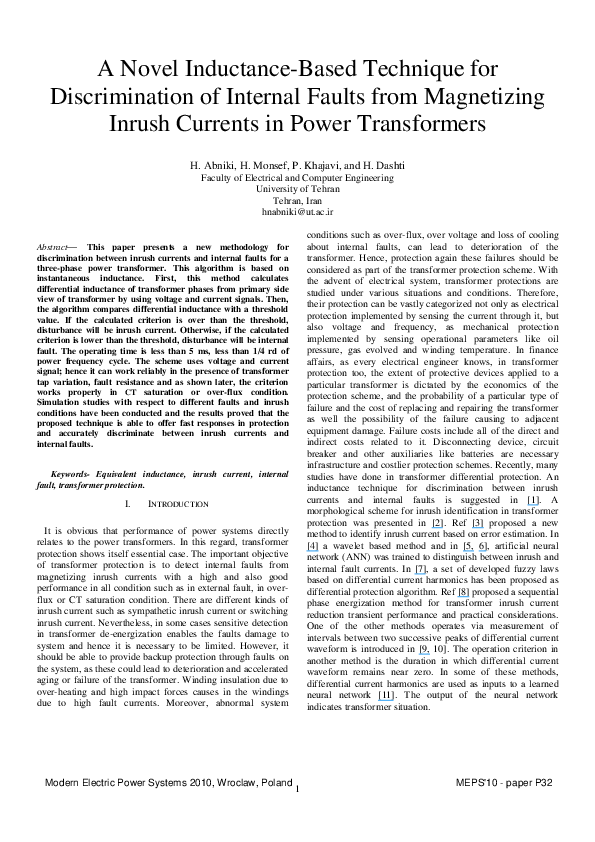 (PDF) A novel inductance-based technique for discrimination of internal faults from magnetizing ...