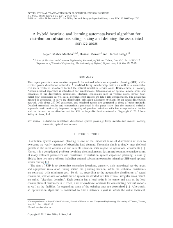 Pdf A Hybrid Heuristic And Learning Automata Based Algorithm For Distribution Substations