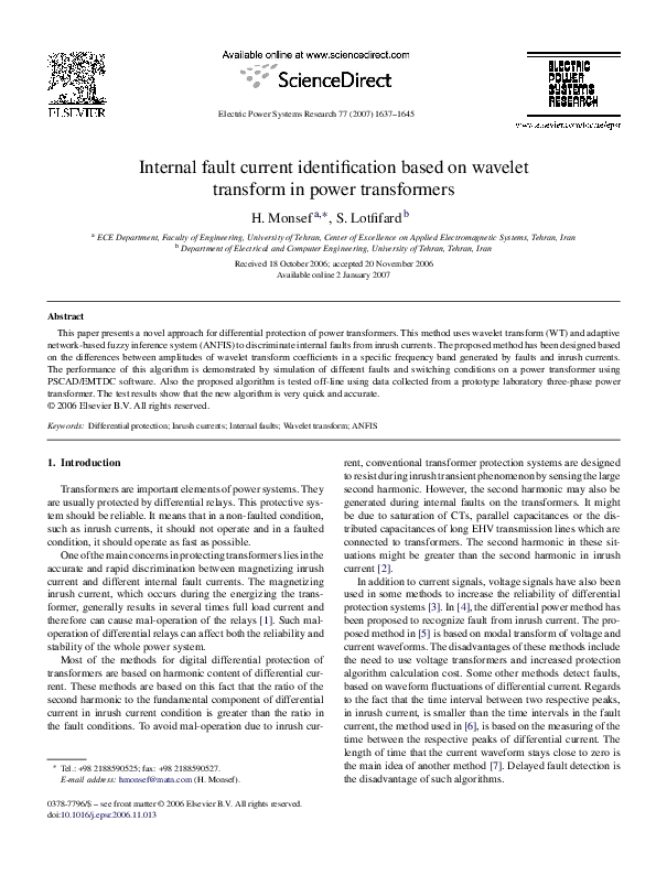 (PDF) Internal fault current identification based on wavelet transform ... (PDF) Internal fault current identification based on wavelet transform ...