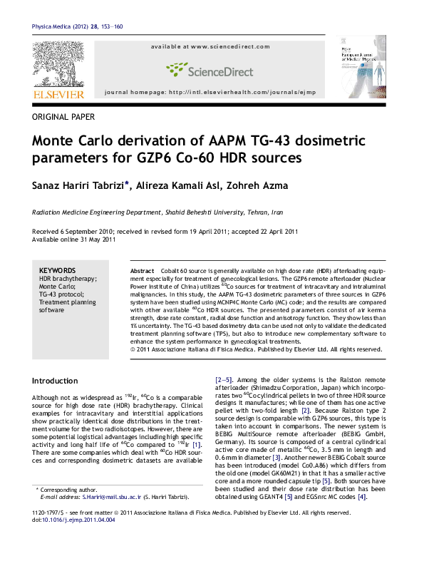 (PDF) Monte Carlo derivation of AAPM TG-43 dosimetric parameters for GZP6 Co-60 HDR sources ...