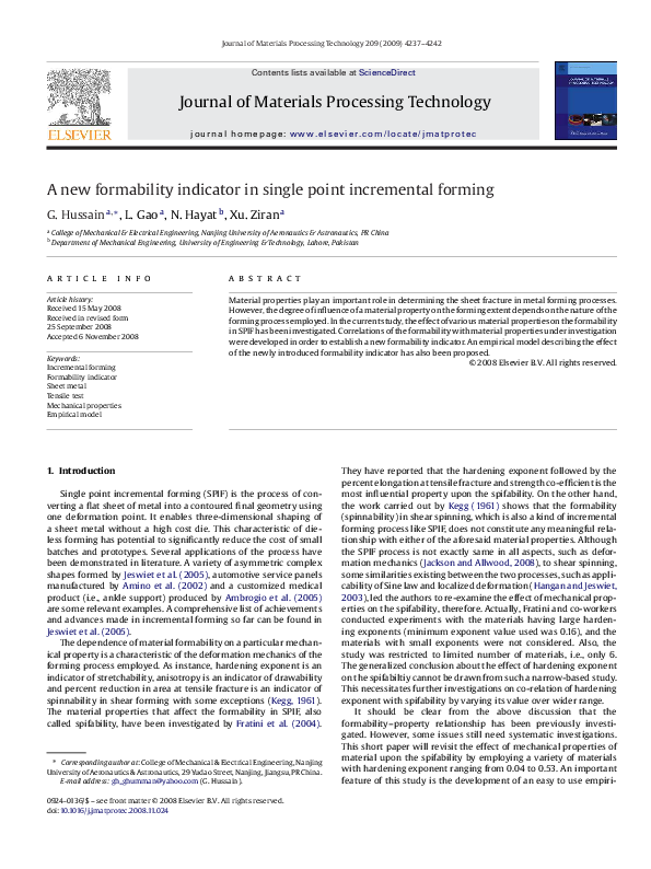 (PDF) A new formability indicator in single point incremental forming