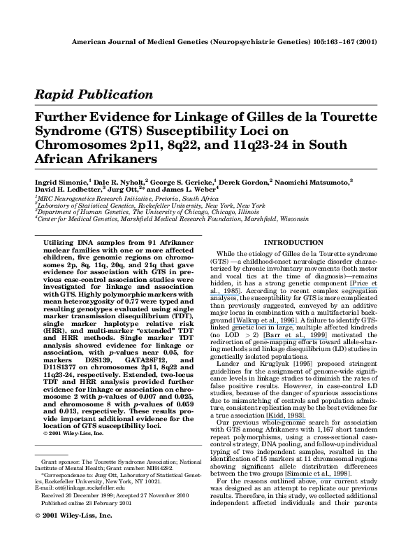(PDF) Further evidence for linkage of Gilles de la Tourette syndrome ...