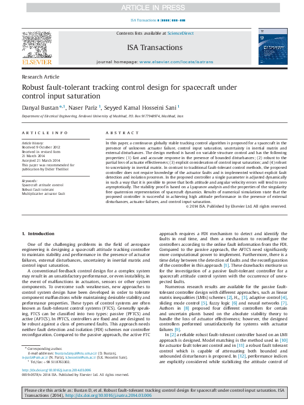 (PDF) Robust fault-tolerant tracking control design for spacecraft under control input saturation