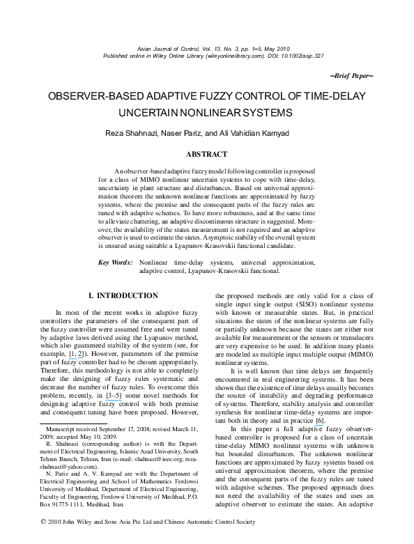 (PDF) Observer-based Adaptive fuzzy control of time-delay uncertain nonlinear systems