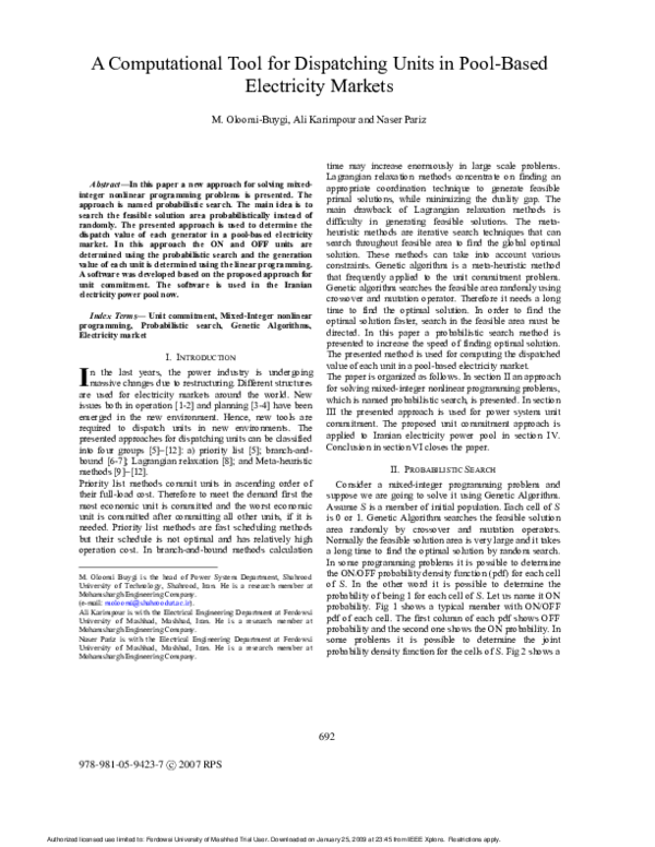 Pdf A Computational Tool For Dispatching Units In Pool Based Electricity Markets