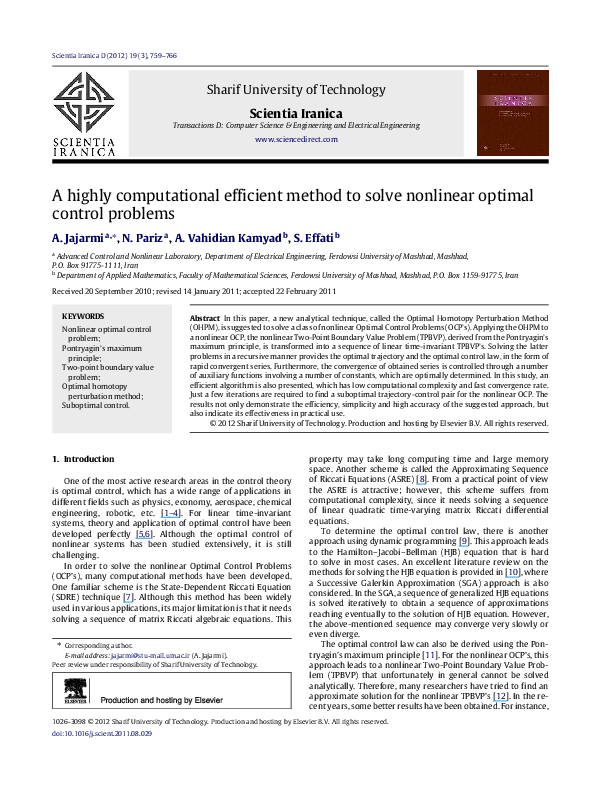 Pdf A Highly Computational Efficient Method To Solve Nonlinear Optimal Control Problems