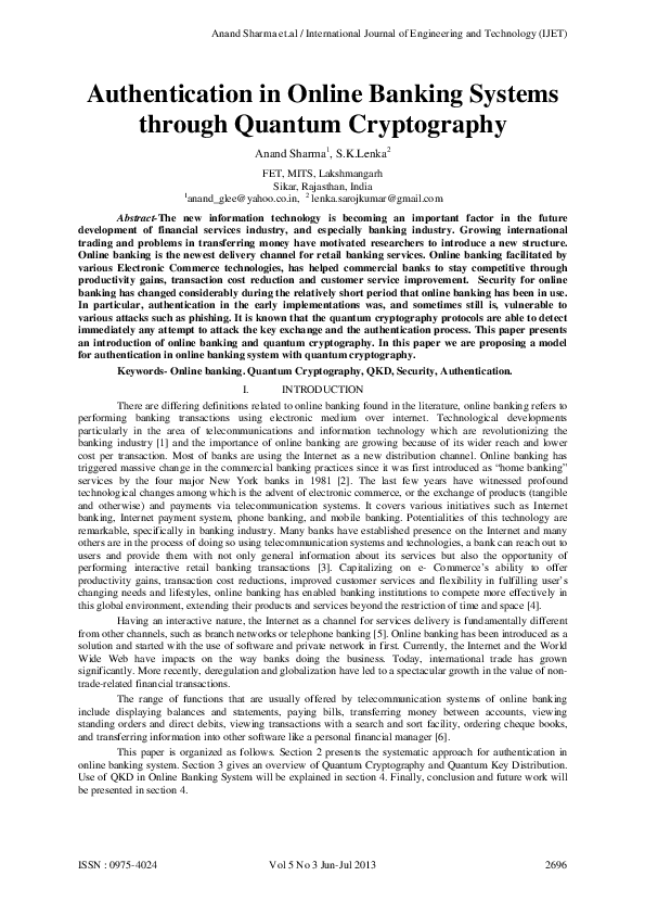 (PDF) Authentication in Online Banking Systems through Quantum Cryptography