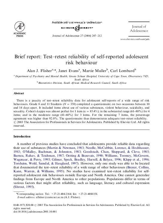 Pdf Brief Report Test Retest Reliability Of Self Reported Adolescent