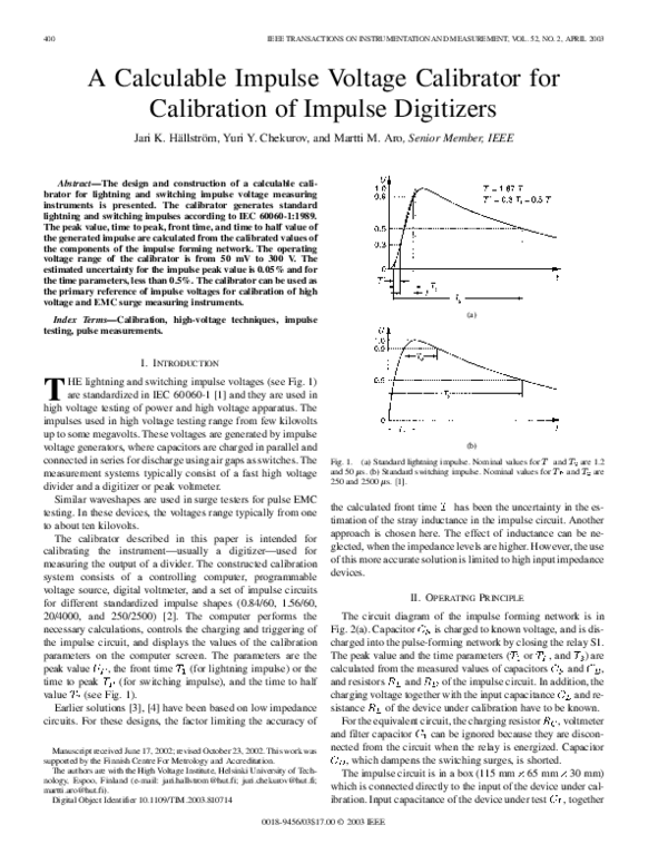 (PDF) Calculable impulse voltage calibrator for calibration of impulse ...