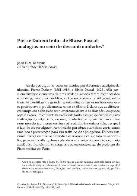 (PDF) Pierre Duhem leitor de Blaise Pascal: analogias no seio de ...