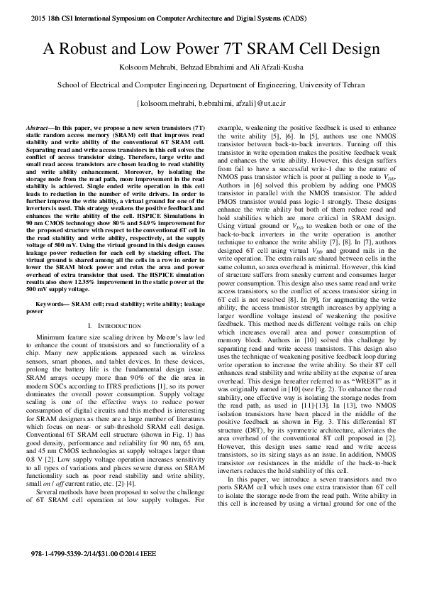 (PDF) A Robust and Low Power 7T SRAM Cell Design