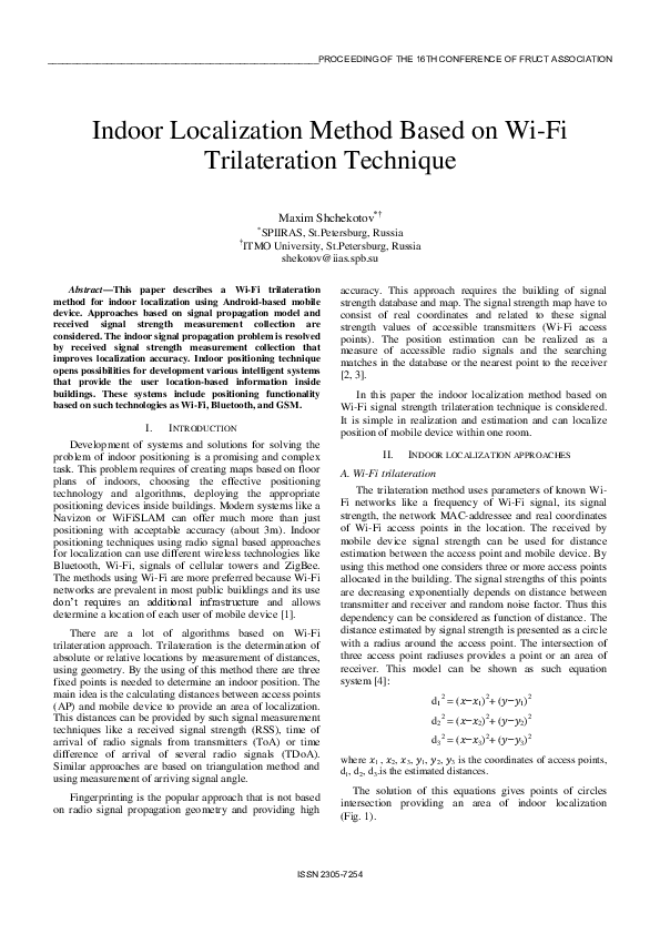 (PDF) Indoor Localization Method Based on Wi-Fi Trilateration Technique