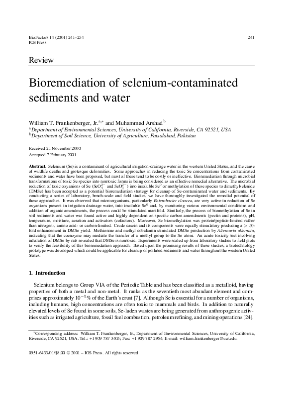 (PDF) Bioremediation of selenium-contaminated sediments and water