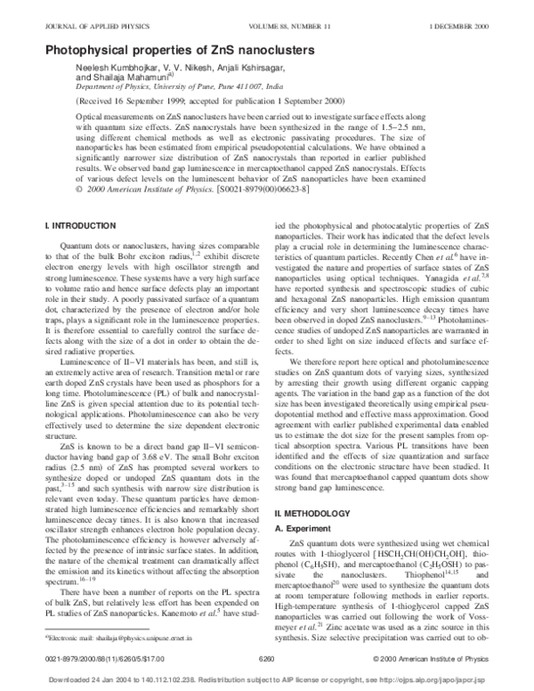 (PDF) Photophysical properties of ZnS nanoclusters