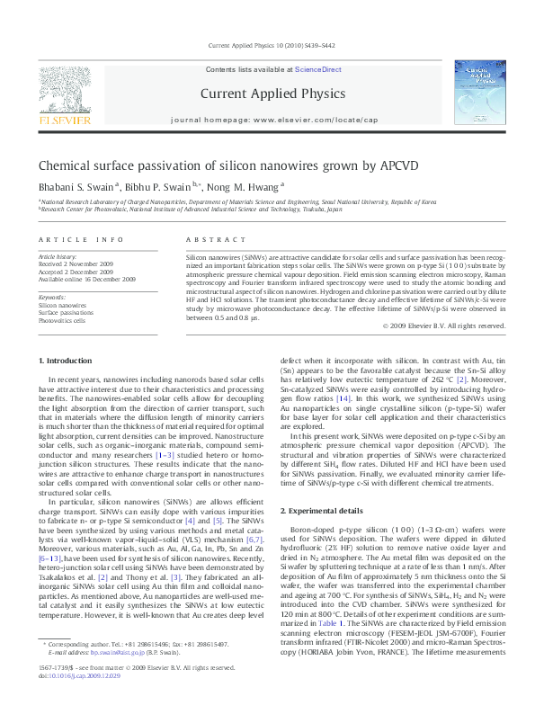 (PDF) Chemical surface passivation of silicon nanowires grown by APCVD