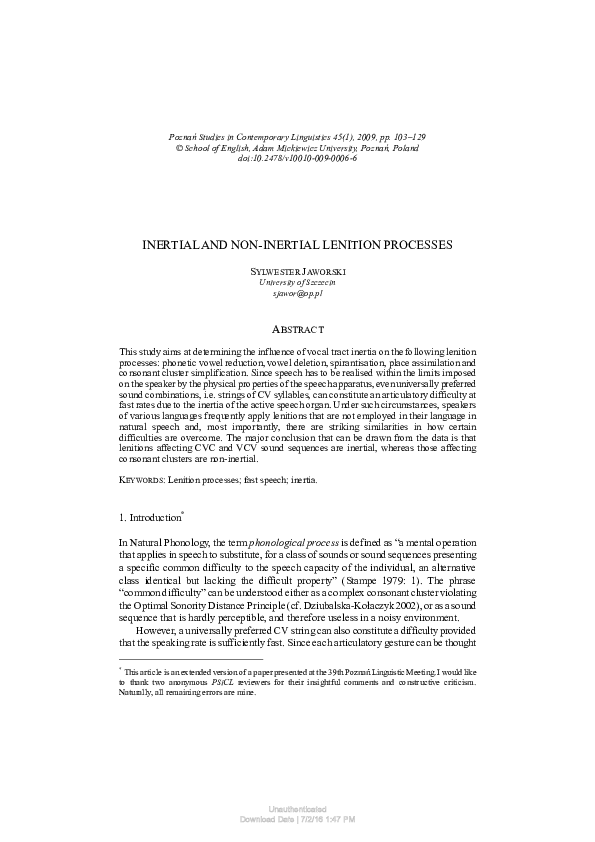 (PDF) Inertial and Non-Inertial Lenition Processes | Sylwester Jaworski ...