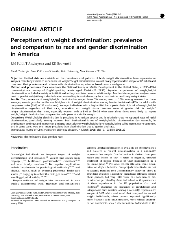 (PDF) Perceptions of weight discrimination: prevalence and comparison ...